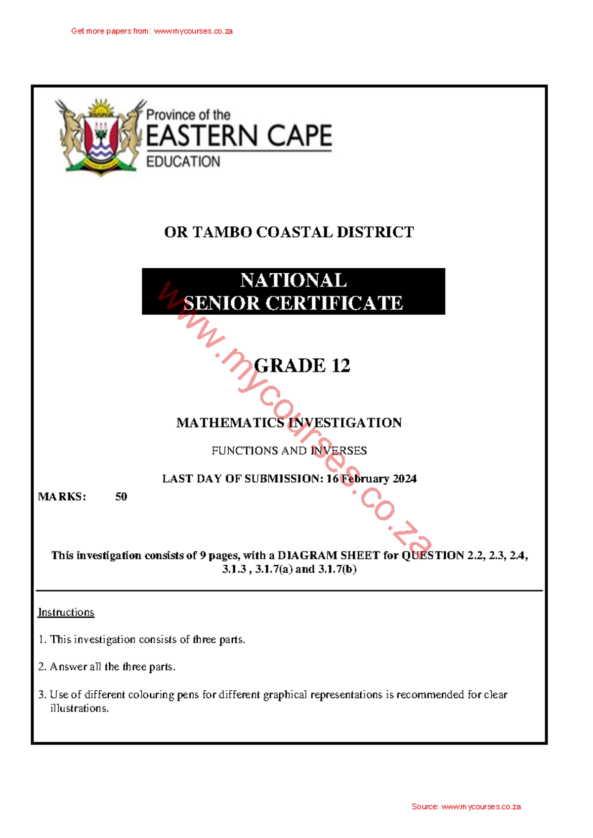 Grade 10 Mathematics Investigation: Functions & Inverses - Term 1 2024 ...