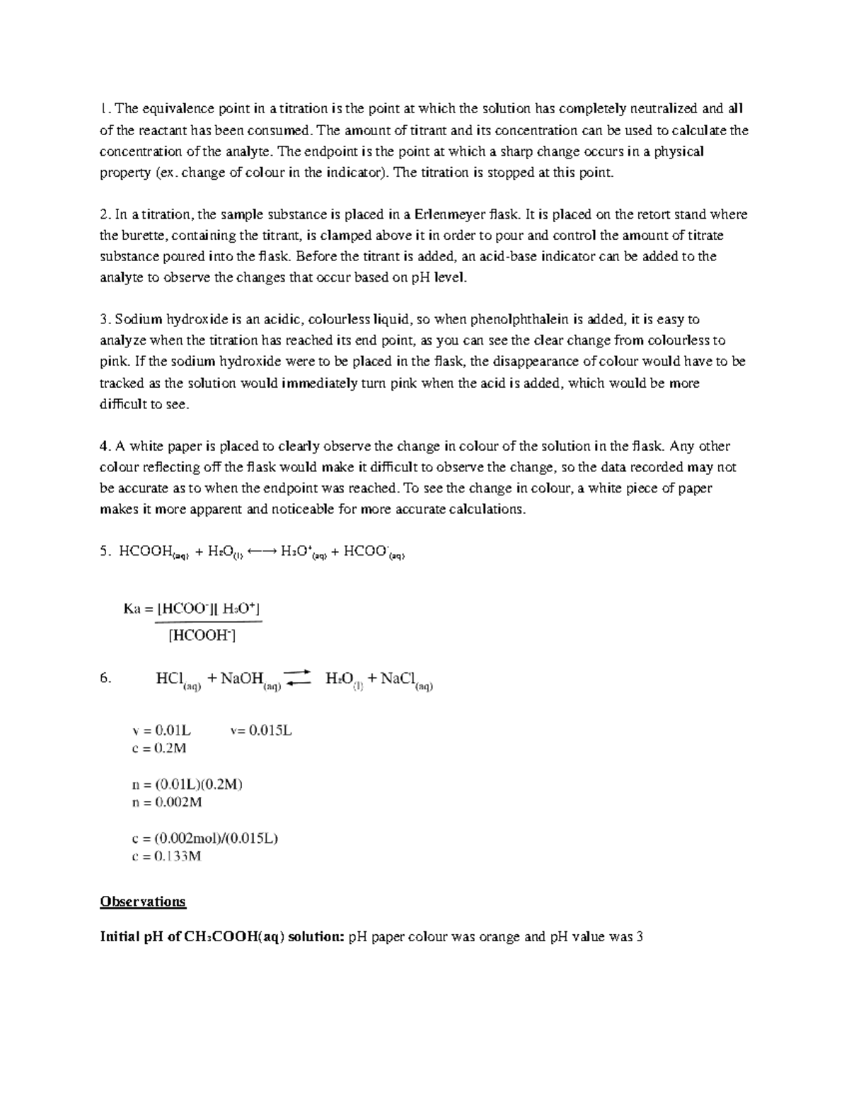 Acid-Base Titration Lab: Analysis of Endpoint and Observations - Studocu