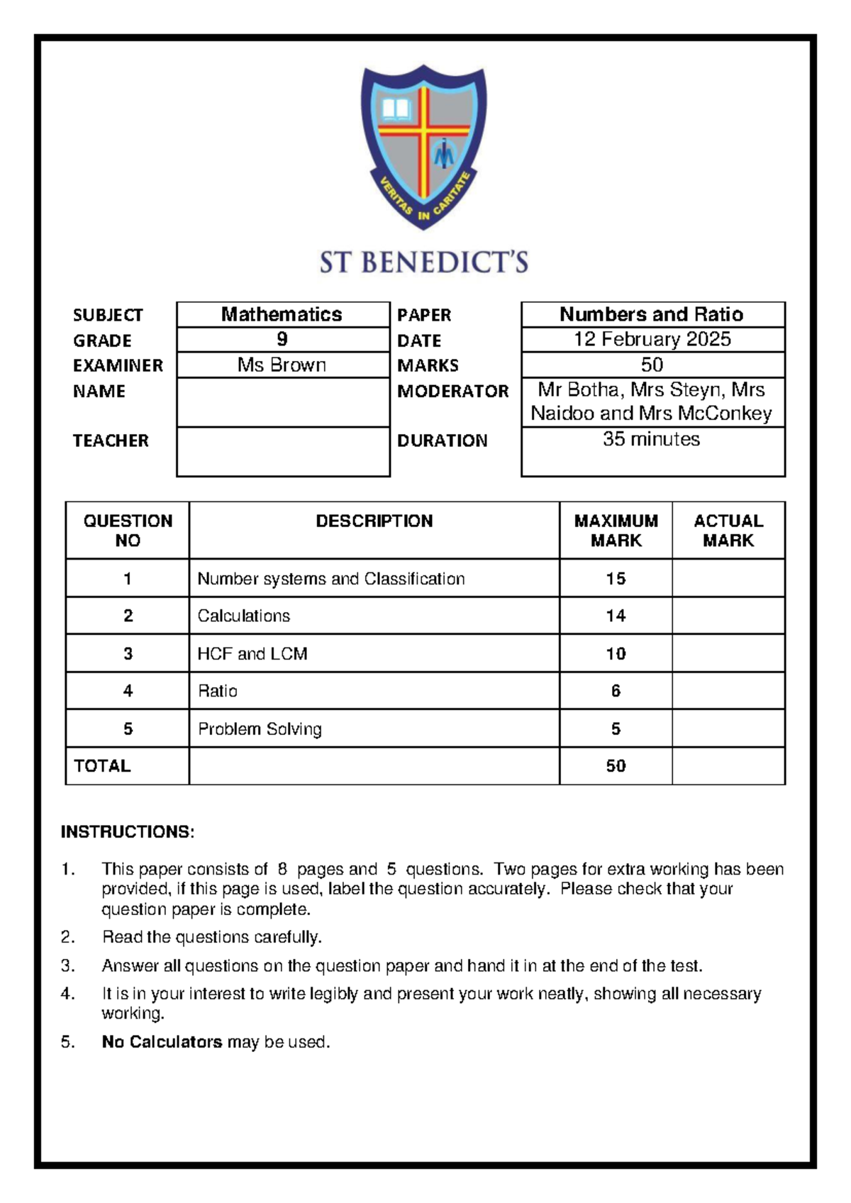 Mathematics 9 Final Exam: Numbers and Ratio (2025) - Studocu