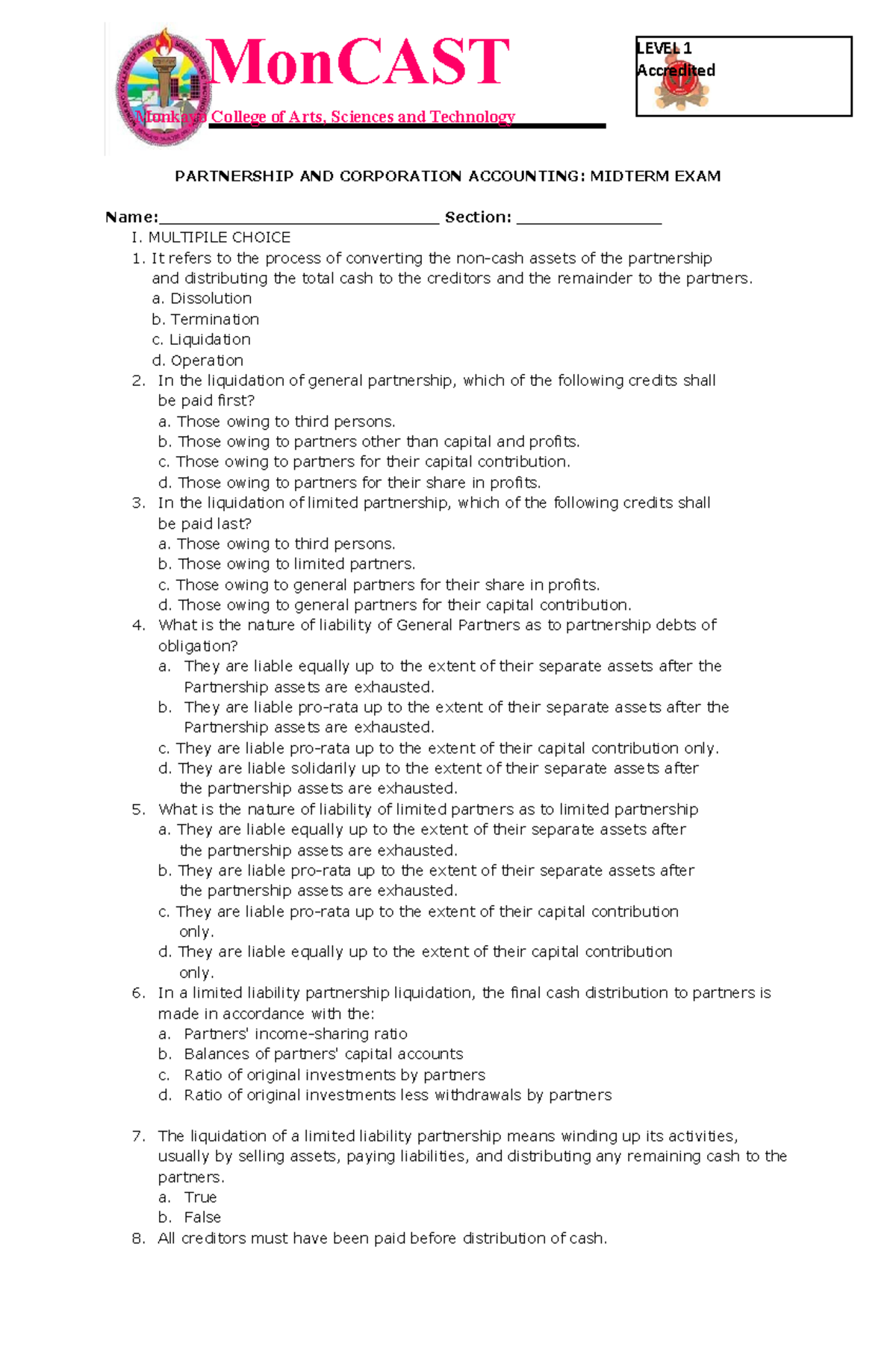 Midterm Exam Guide for Partnership & Corporation Accounting - Studocu