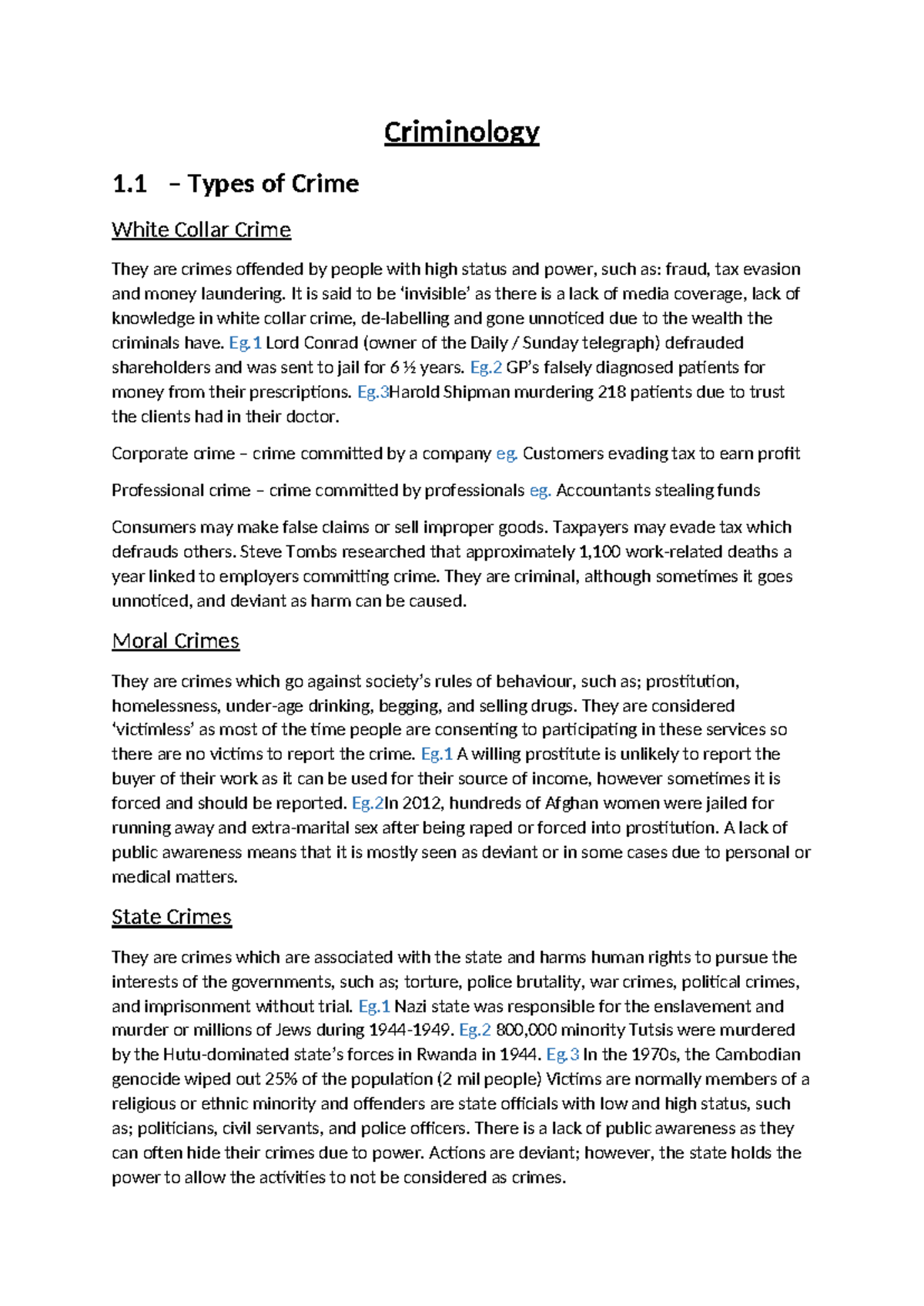 WJEC Criminology 1.1 Exam Notes: Types of Crime Explained - Studocu
