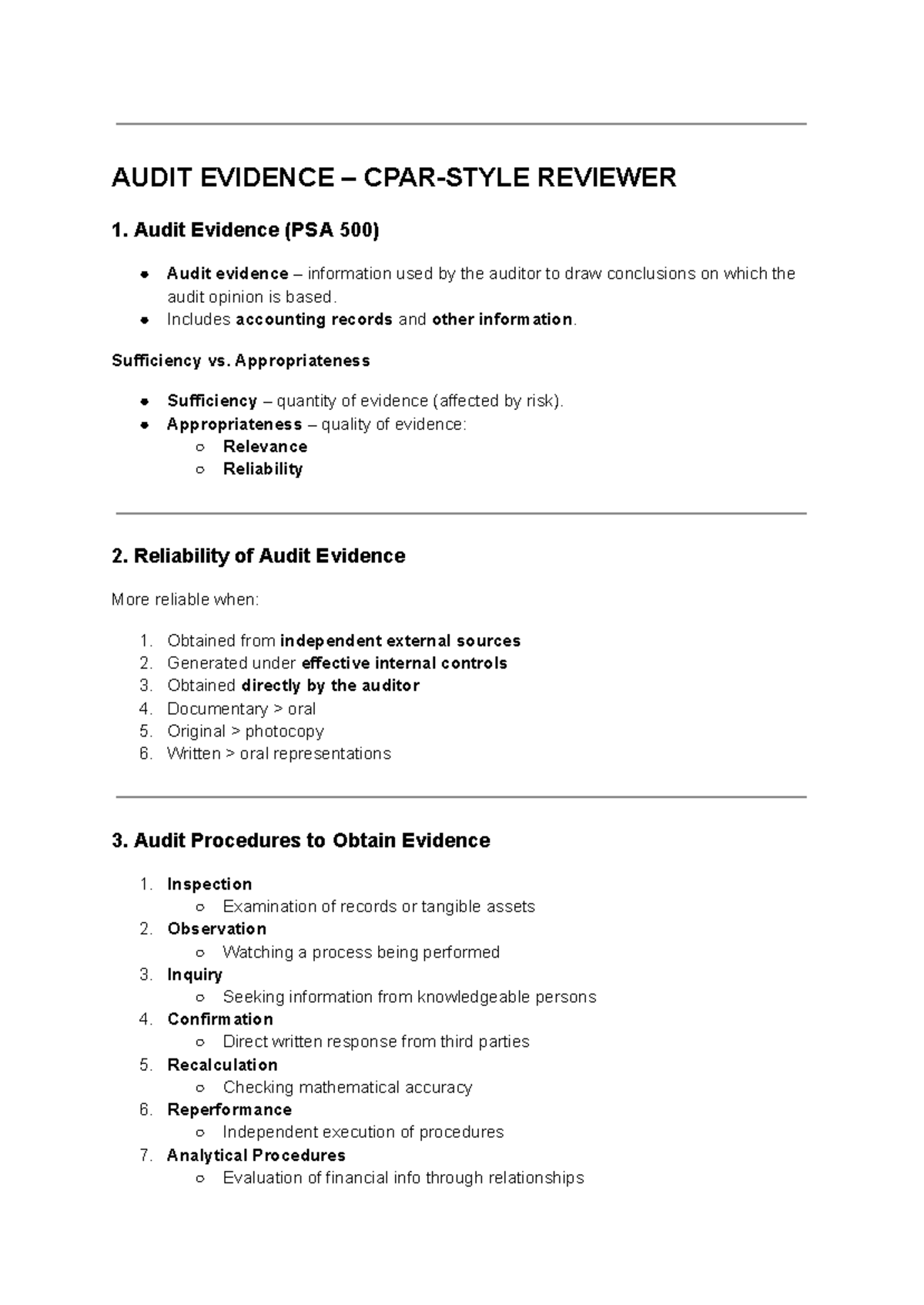 Audit Evidence Overview (PSA 500) - Key Concepts and Procedures - Studocu