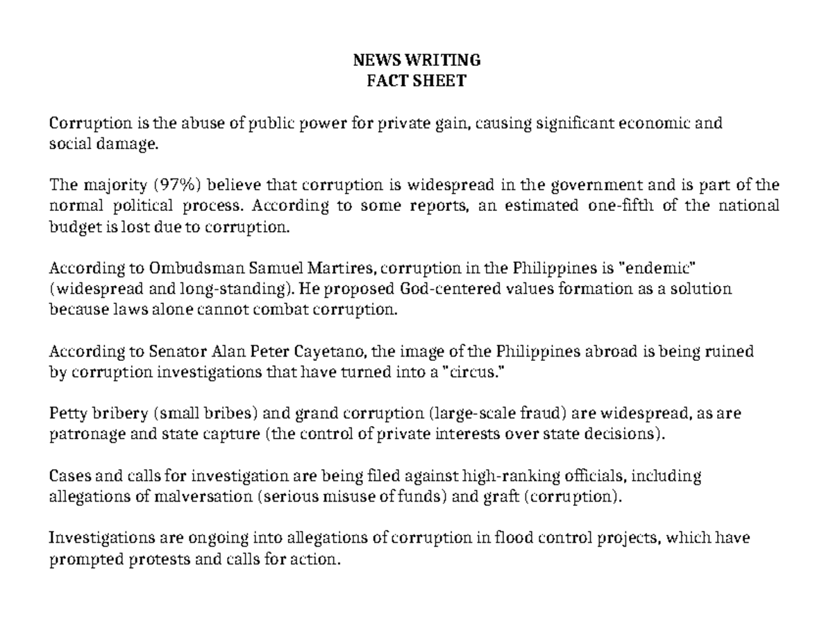 NEWS WRITING FACT SHEET: Understanding Corruption in the Philippines ...