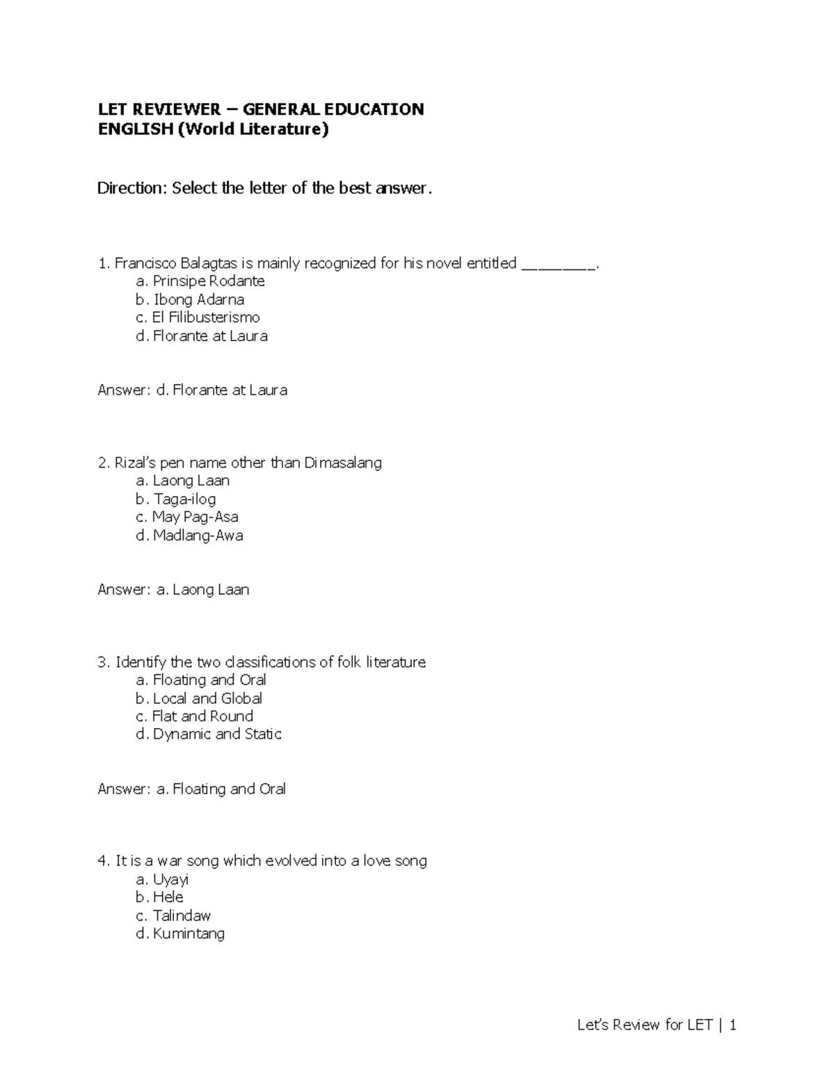 LET Reviewer - General Education English in Philippine Literature - Studocu