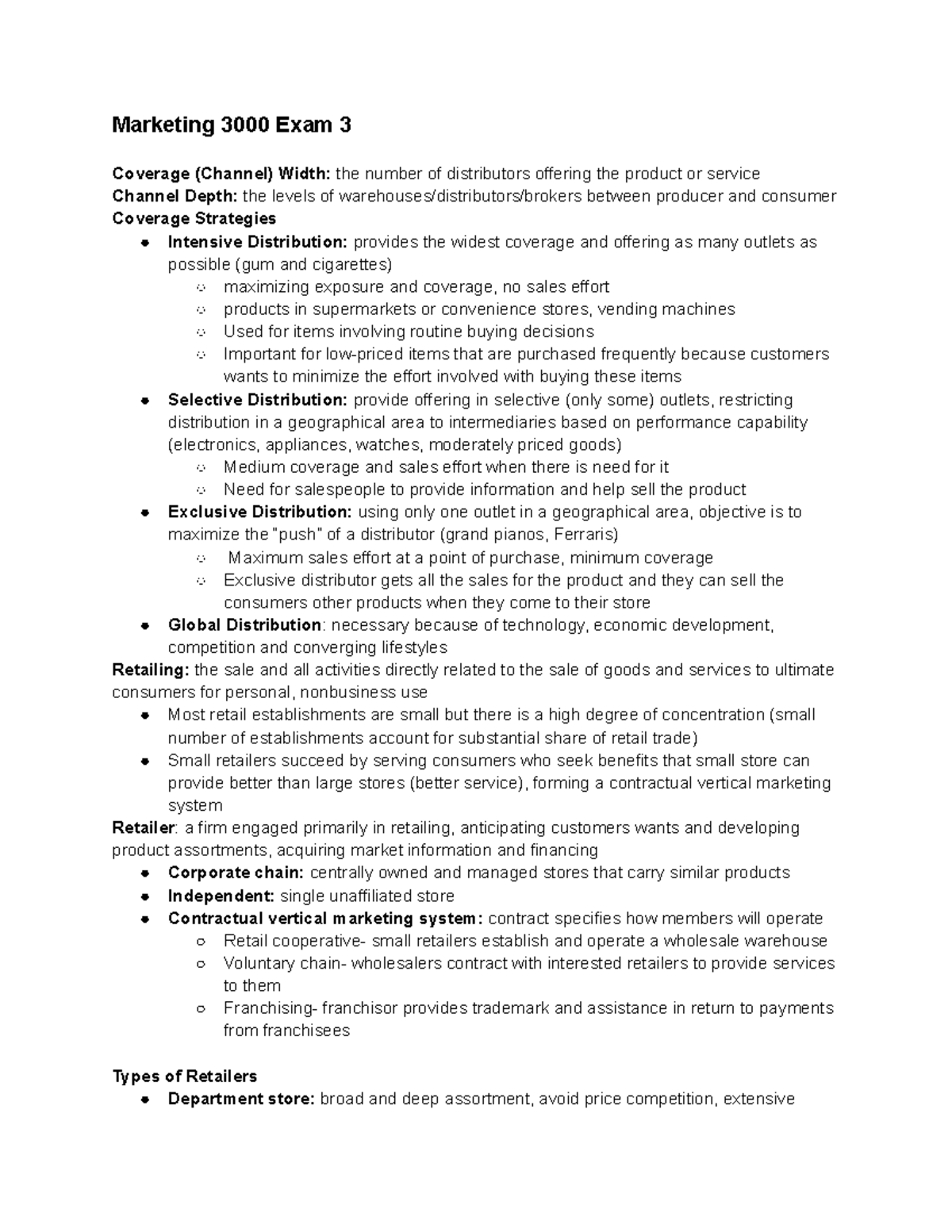 Marketing 3000 Exam 3 Study Guide: Distribution & Pricing Strategies ...
