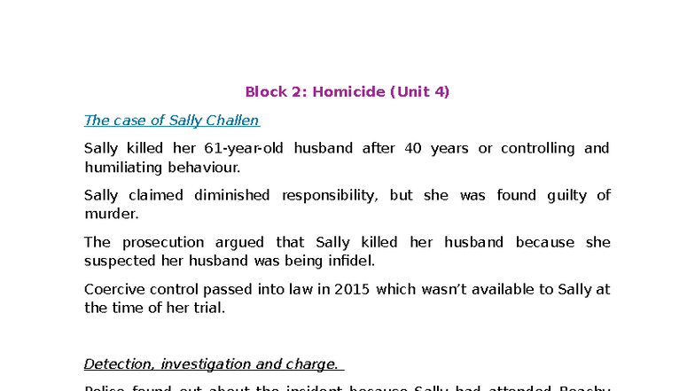 Block 2: Homicide - Lecture Notes on Sally Challen Case - Studocu