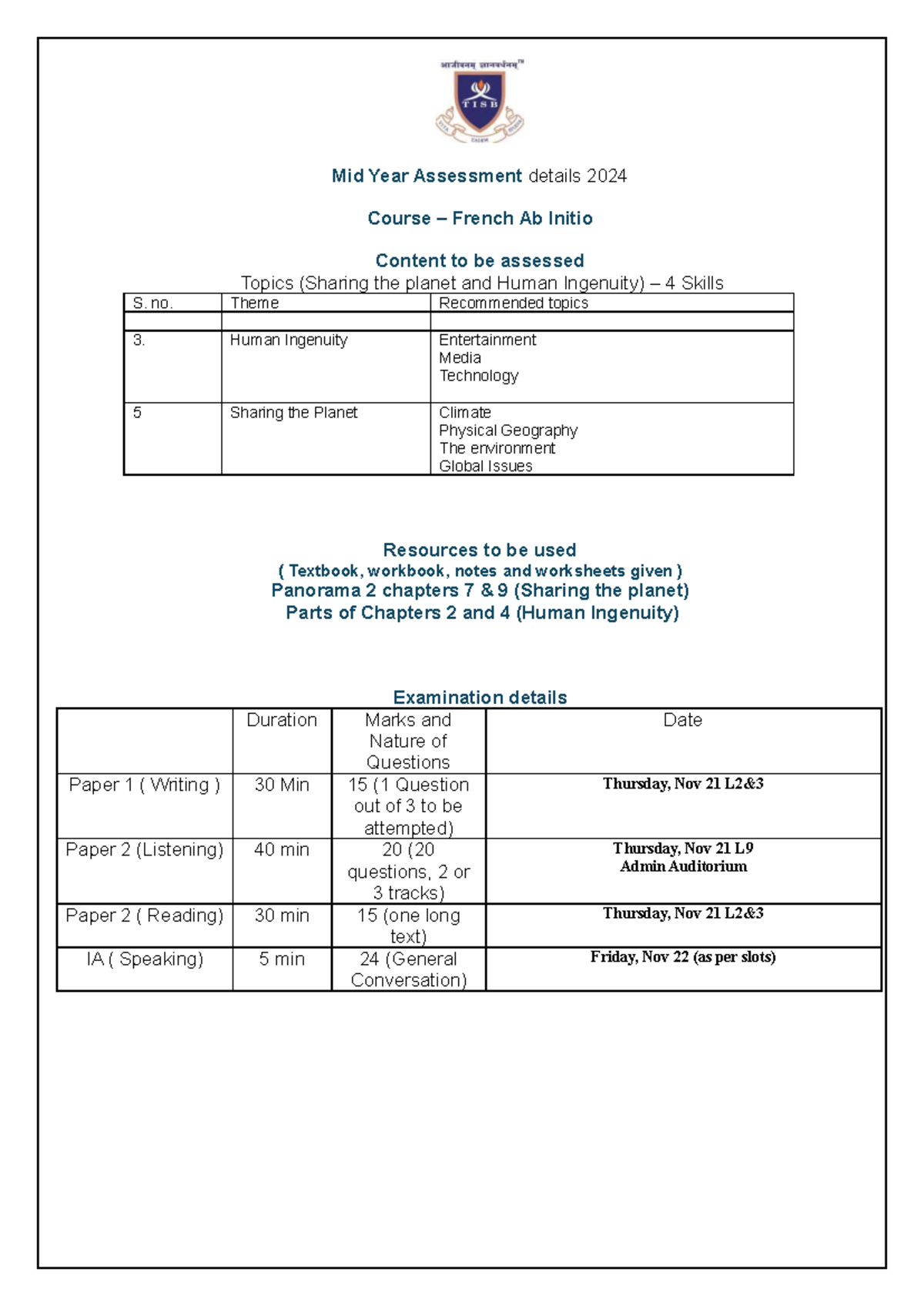 MYA French Ab Initio Mid Year Assessment Guidelines 2024 - Studocu