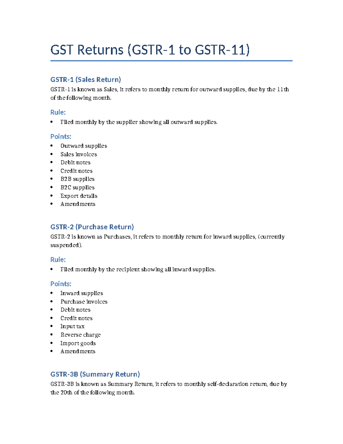 GST Returns Overview: GSTR 1 to 11 - Key Points & Deadlines - Studocu