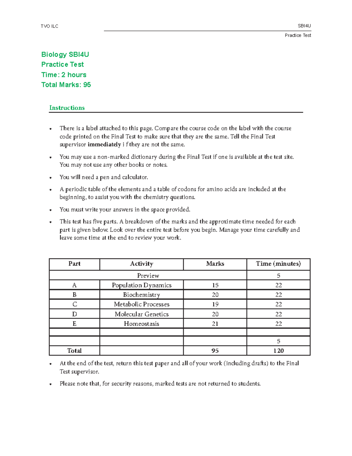 Biology SBI4U Practice Test Overview and Content Guide - Studocu