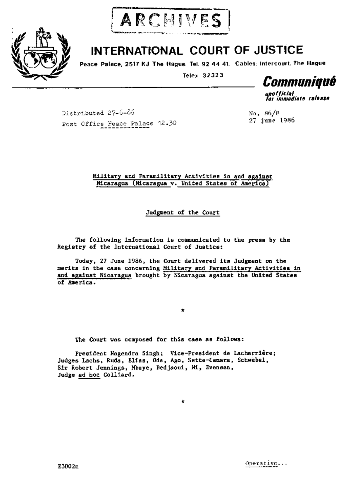 Military and Paramilitary Activities Case: Nicaragua v. USA (ICJ ...