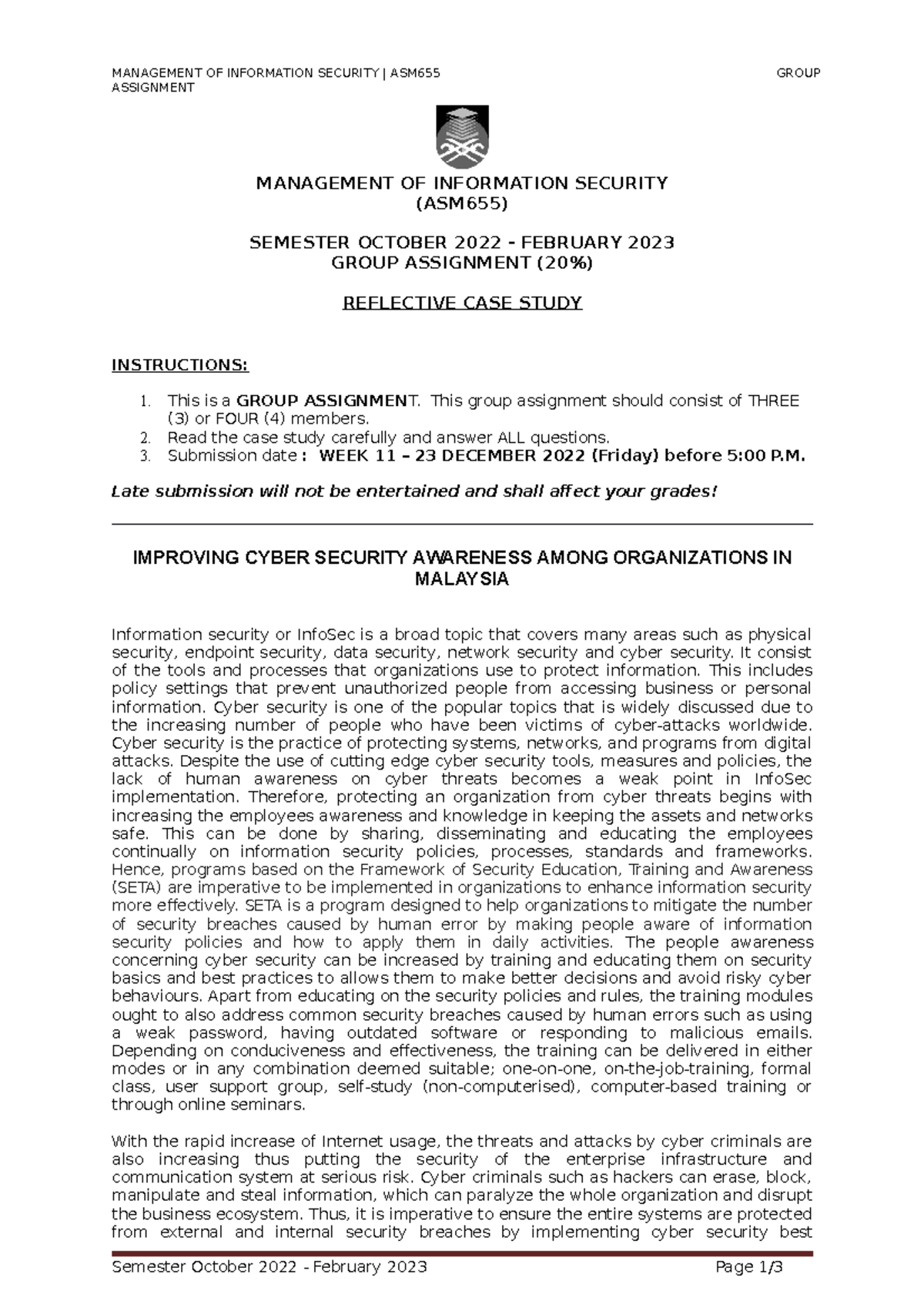 ASM655 Group Assignment Guidelines Oct22-Feb23 - MANAGEMENT OF INFORMATION SECURITY | ASM655 ...