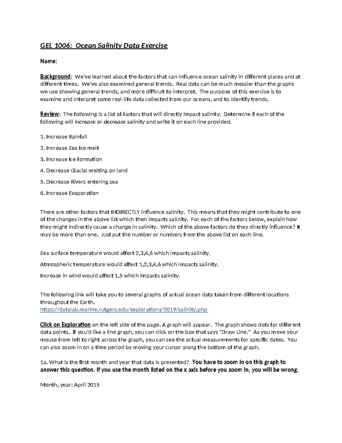 GEL 1006: Ocean Salinity Data Analysis and Interpretation Exercise ...