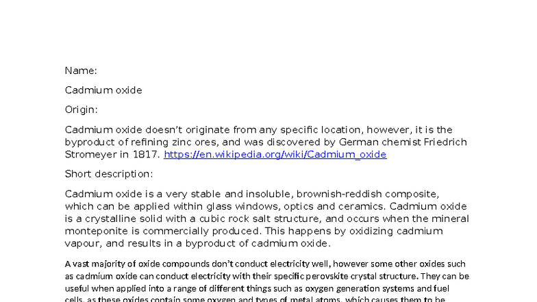 Cadmium Oxide: Properties, Applications, and Environmental Impact - Studocu