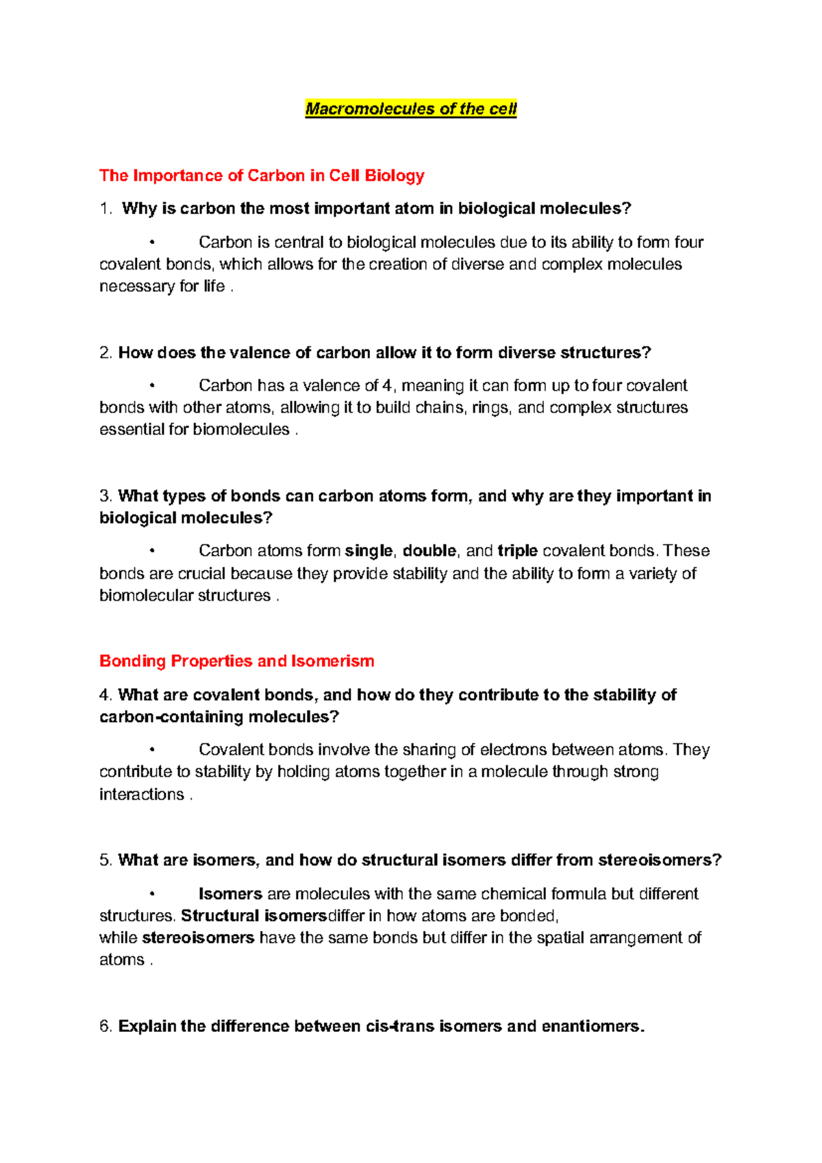 Lec2 - notes - Macromolecules of the cell The Importance of Carbon in ...