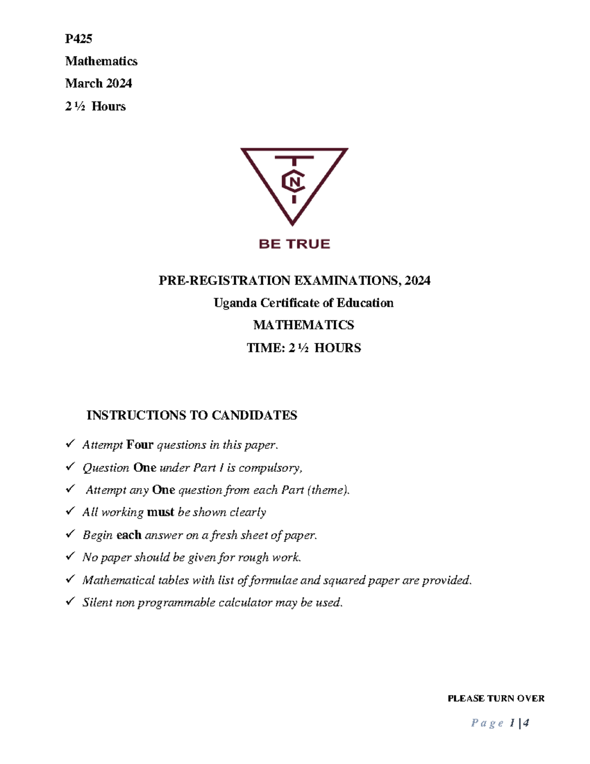 S.4 2024 MATH Pre-Registration Exam and Guidelines for Candidates - Studocu