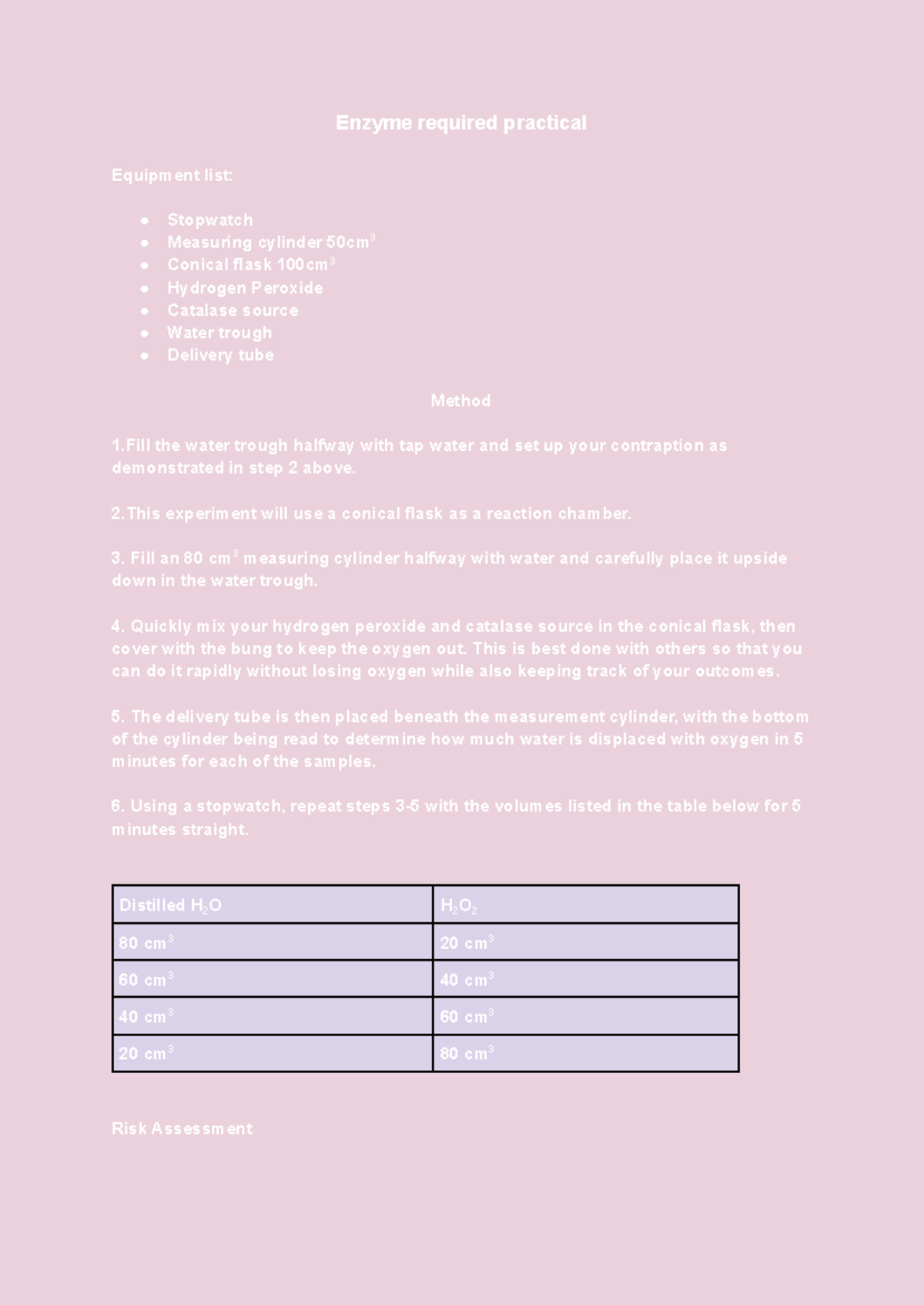 Unit 3 - Enzyme Practical Experiment and Safety Assessment - Studocu
