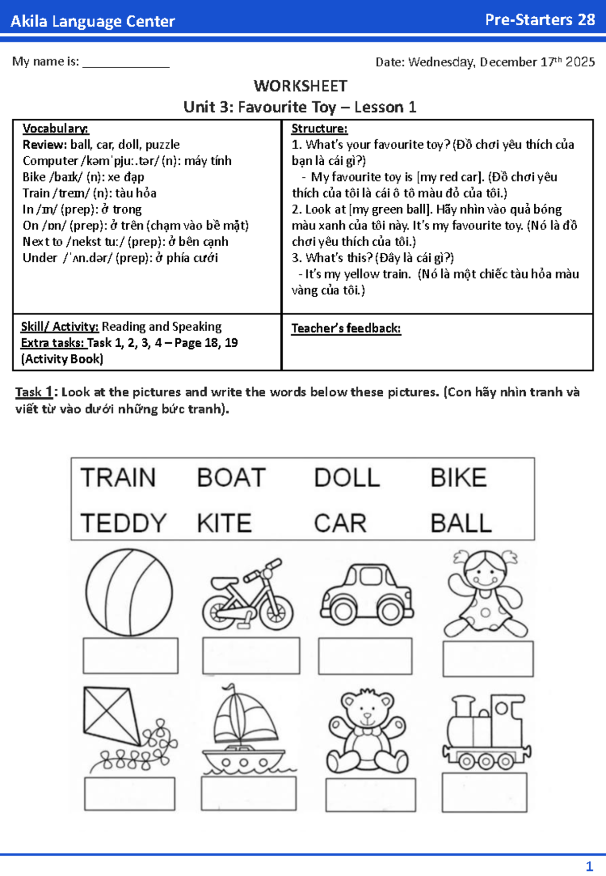 FN [Pre28-17.12.25] Worksheet: Favourite Toy Lesson 1 - Studocu