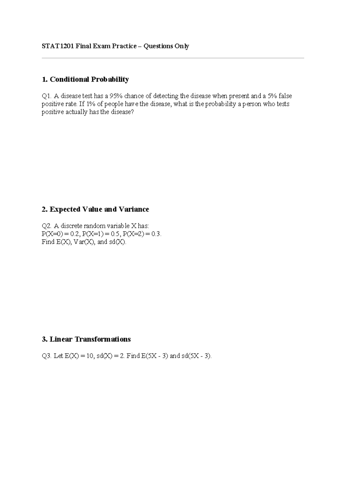 STAT1201 Final Exam Practice Questions on Probability & Statistics ...