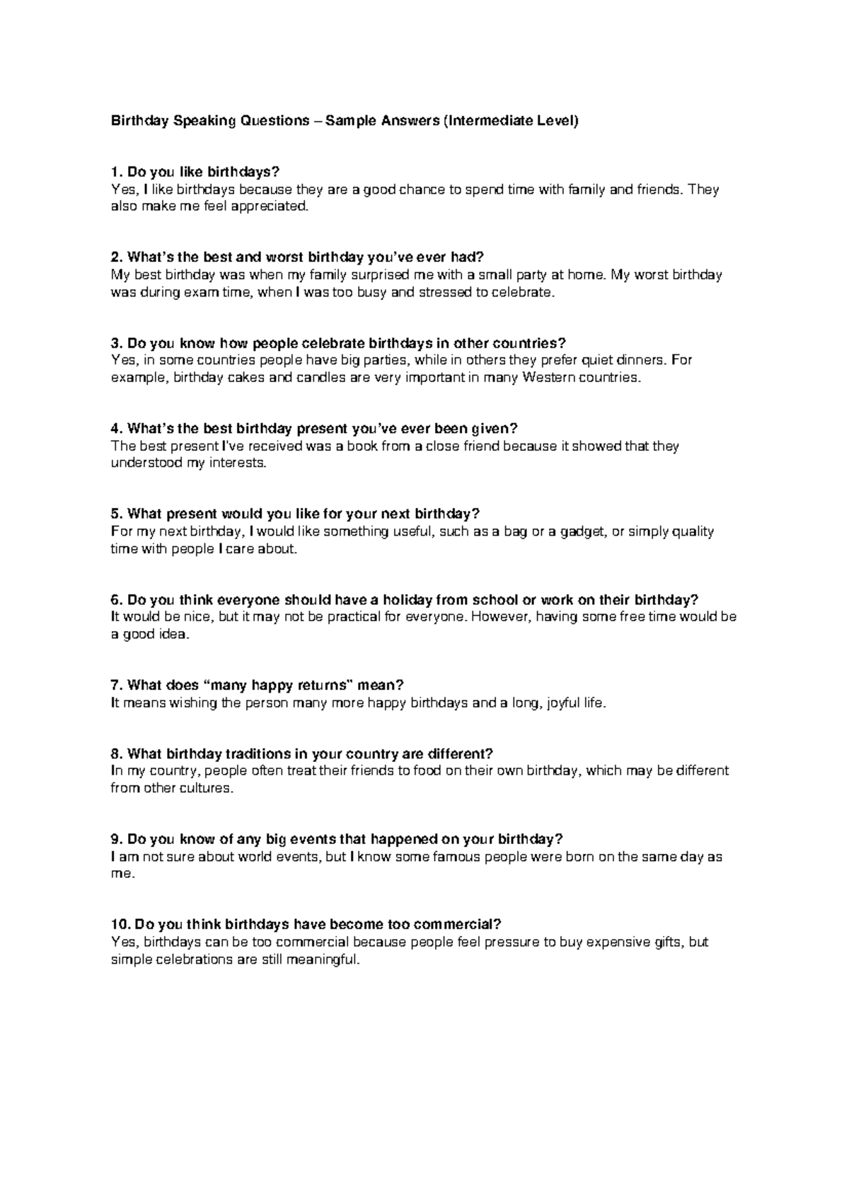 Birthday Speaking Questions Sample Answers (Intermediate Level) - Studocu
