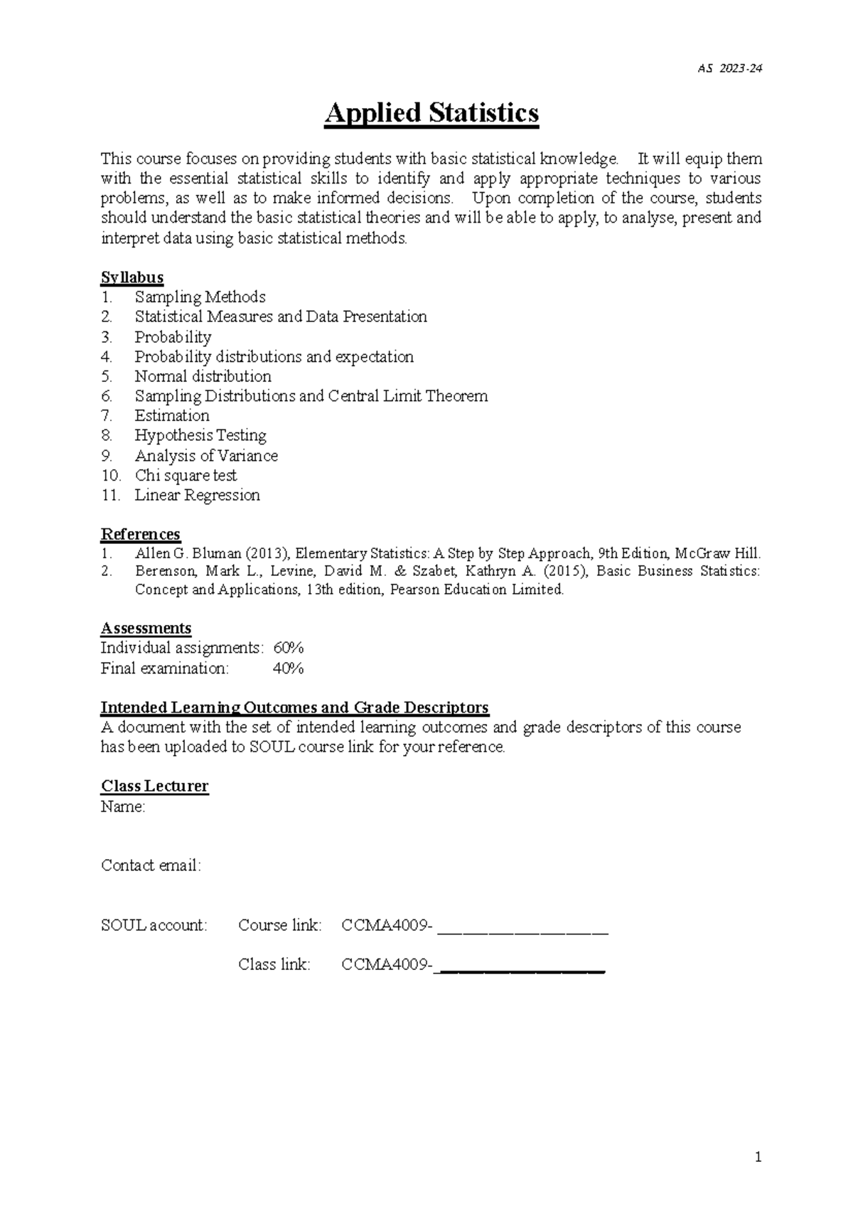 Applied Statistics (AS) Lecture Notes: Sampling & Data Analysis - Studocu