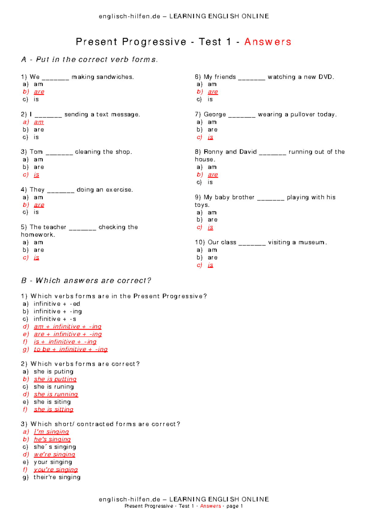 Test present progressive en answers - Present Progressive - Test 1 ...