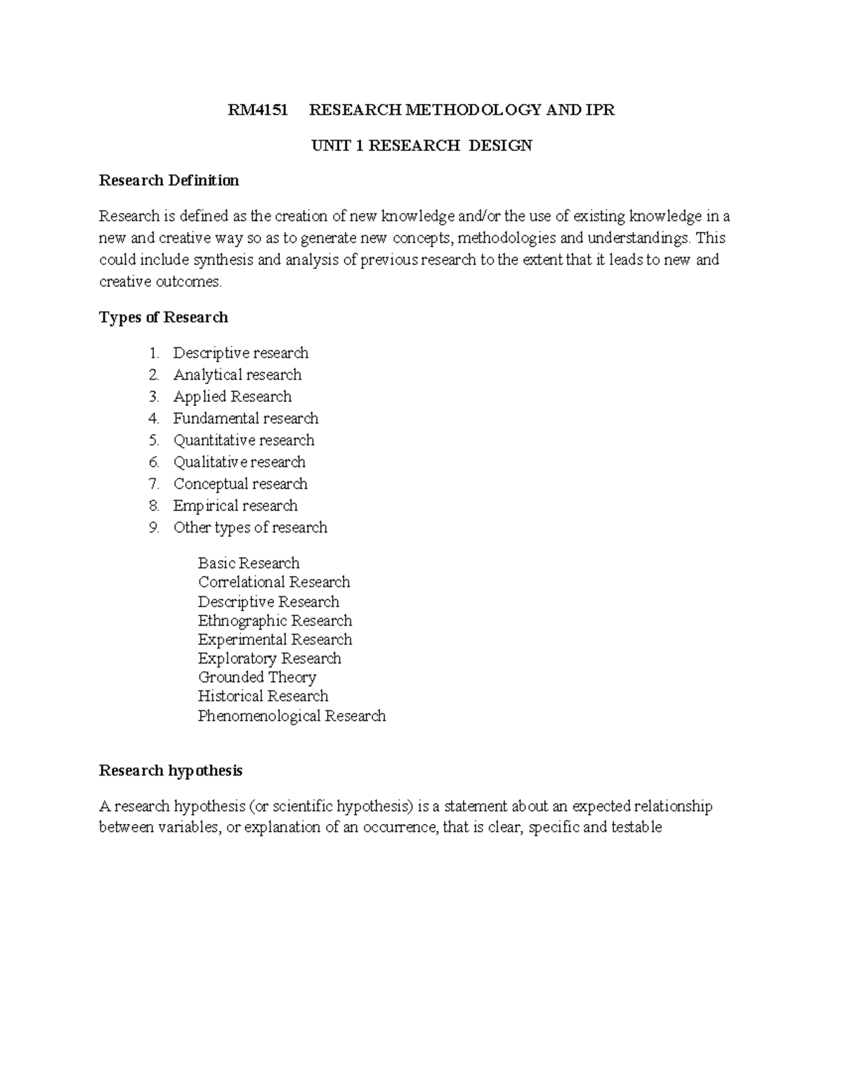 Unit 1 Notes - RM4151 RESEARCH METHODOLOGY AND IPR UNIT 1 RESEARCH ...