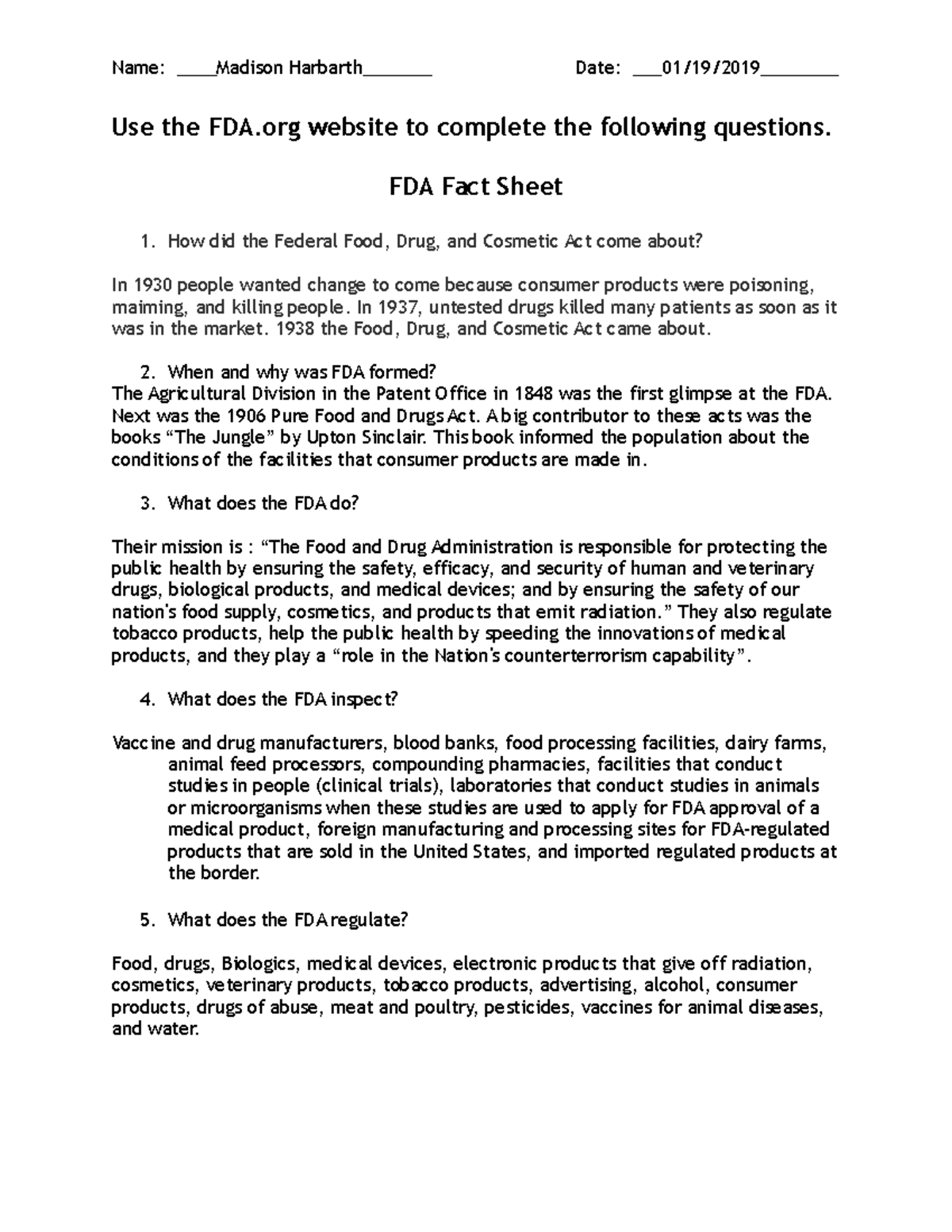 FDA Fact Sheet - Name: Date: Use the FDA website to complete the ...