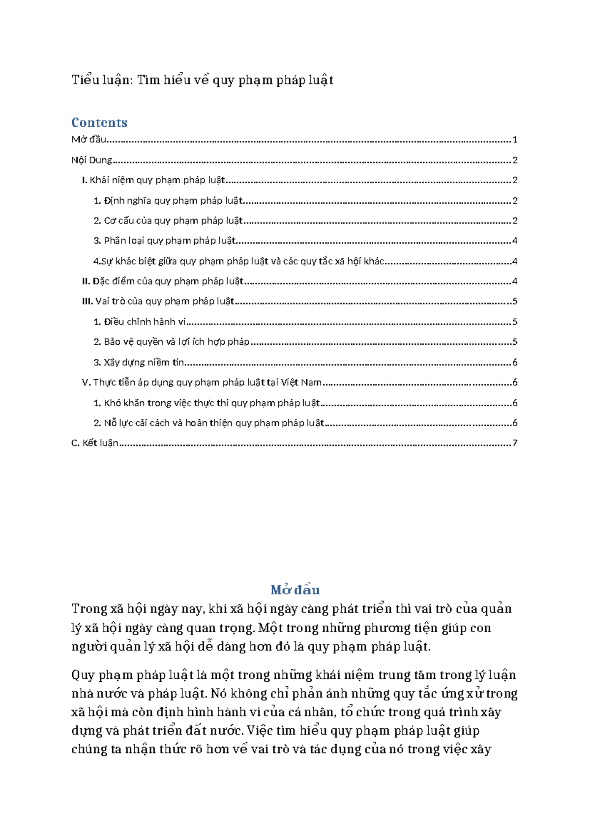 Tiểu luận - cfbx - Ti ểu lu n: Tìm hi ậ ểu v ề quy ph m pháp lu tạ ậ Contents Mở - Studocu