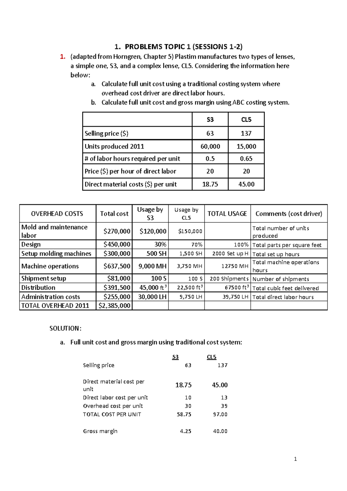 Problems Topic 1: Costing Methods Analysis (Adapted from Horngren ...