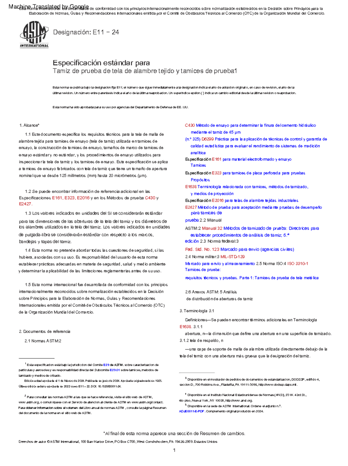 ASTM E11-24: Especificación Estándar para Tamices de Prueba de Tela - Studocu