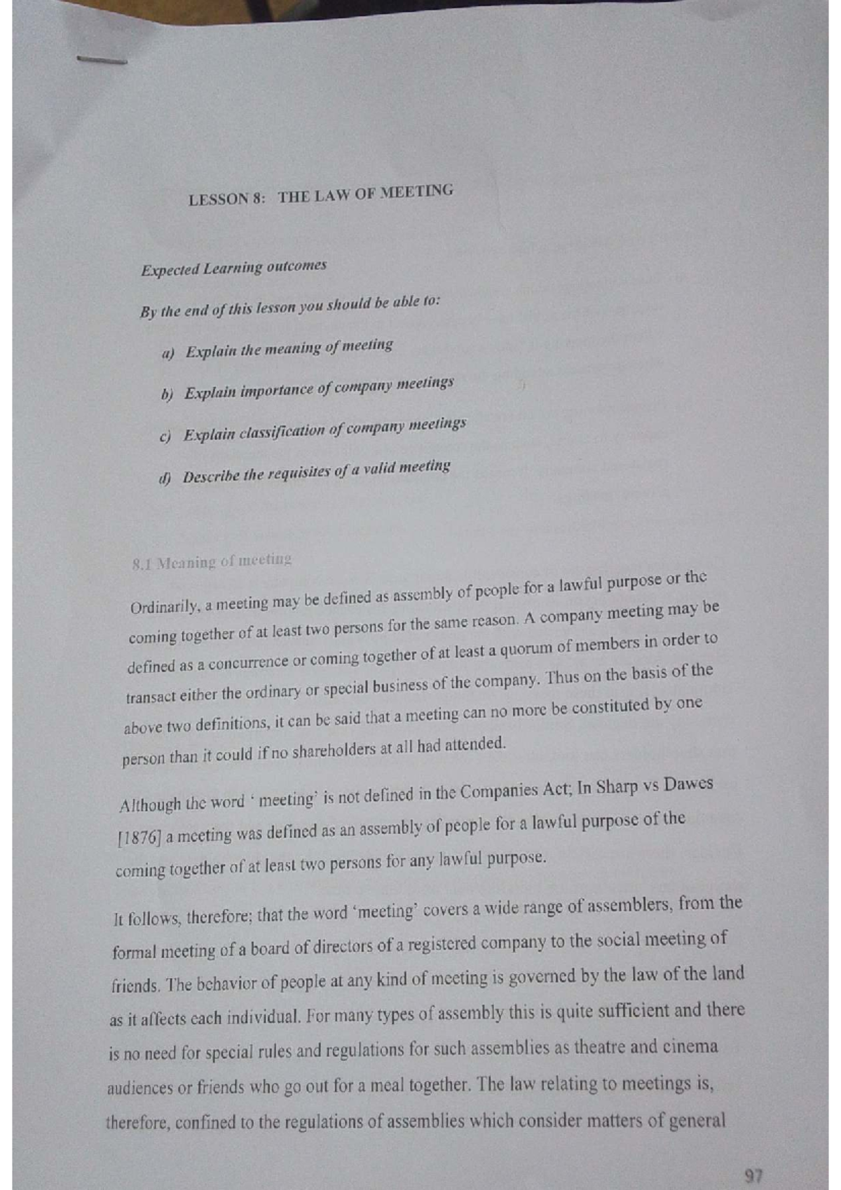 LESSON 8: THE LAW OF MEETING - Key Concepts and Importance - Studocu