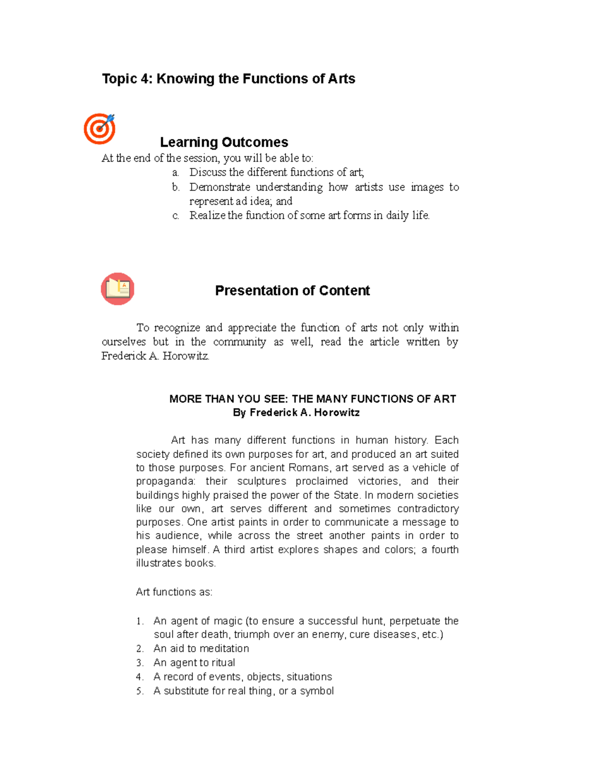 Topic 4 aa - Knowing the function of arts - Topic 4: Knowing the ...