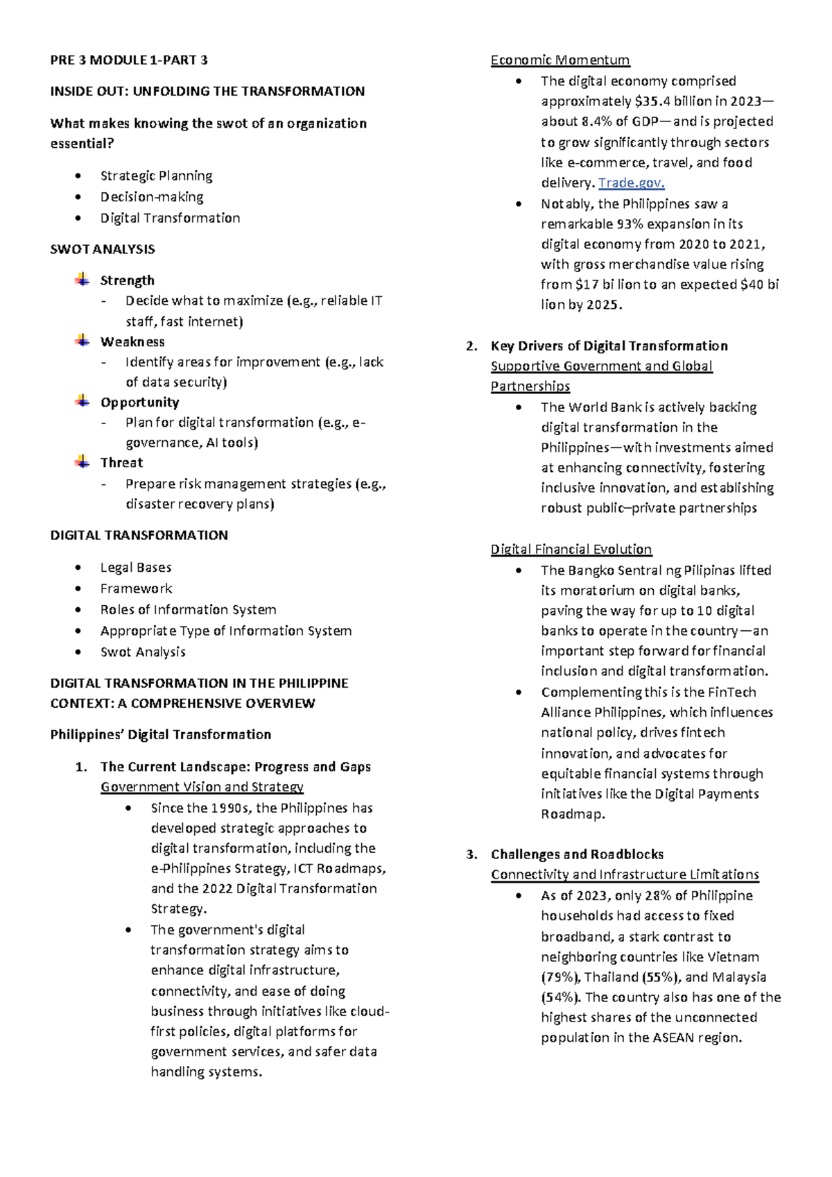 PRE 3 MODULE 3: SWOT Analysis & Digital Transformation Insights - Studocu