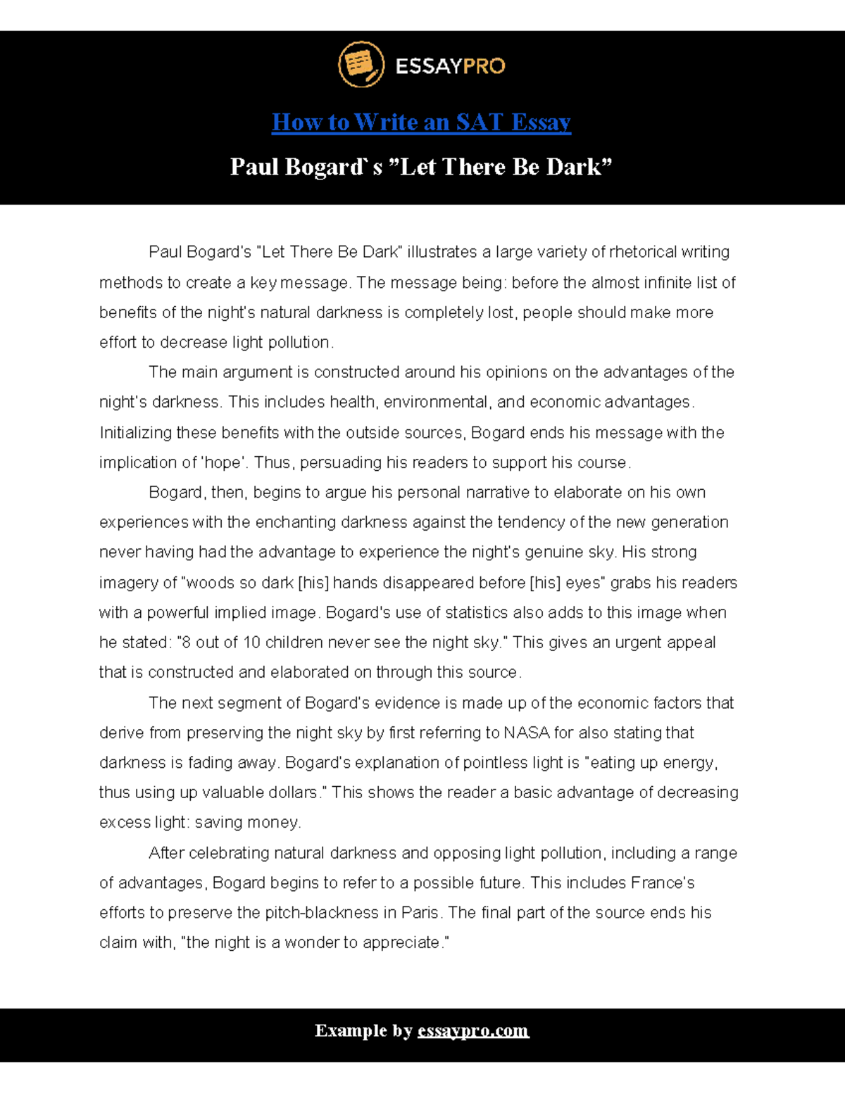 SAT Essay Analysis: Let There Be Dark - Rhetorical Strategies - Studocu