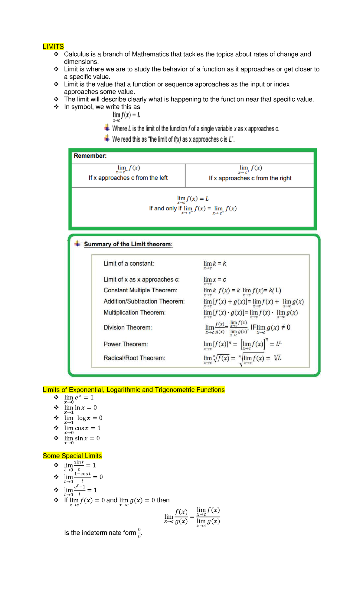 Limits and Derivatives: A Comprehensive Review (BASCAL 231002) - Studocu