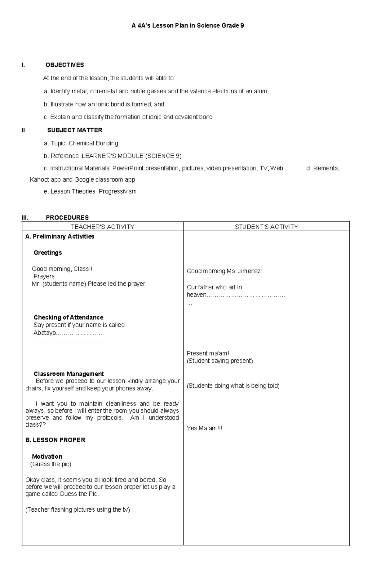 4AS - Science Lesson Plan: Chemical Bonding - 2nd Quarter Final - Studocu