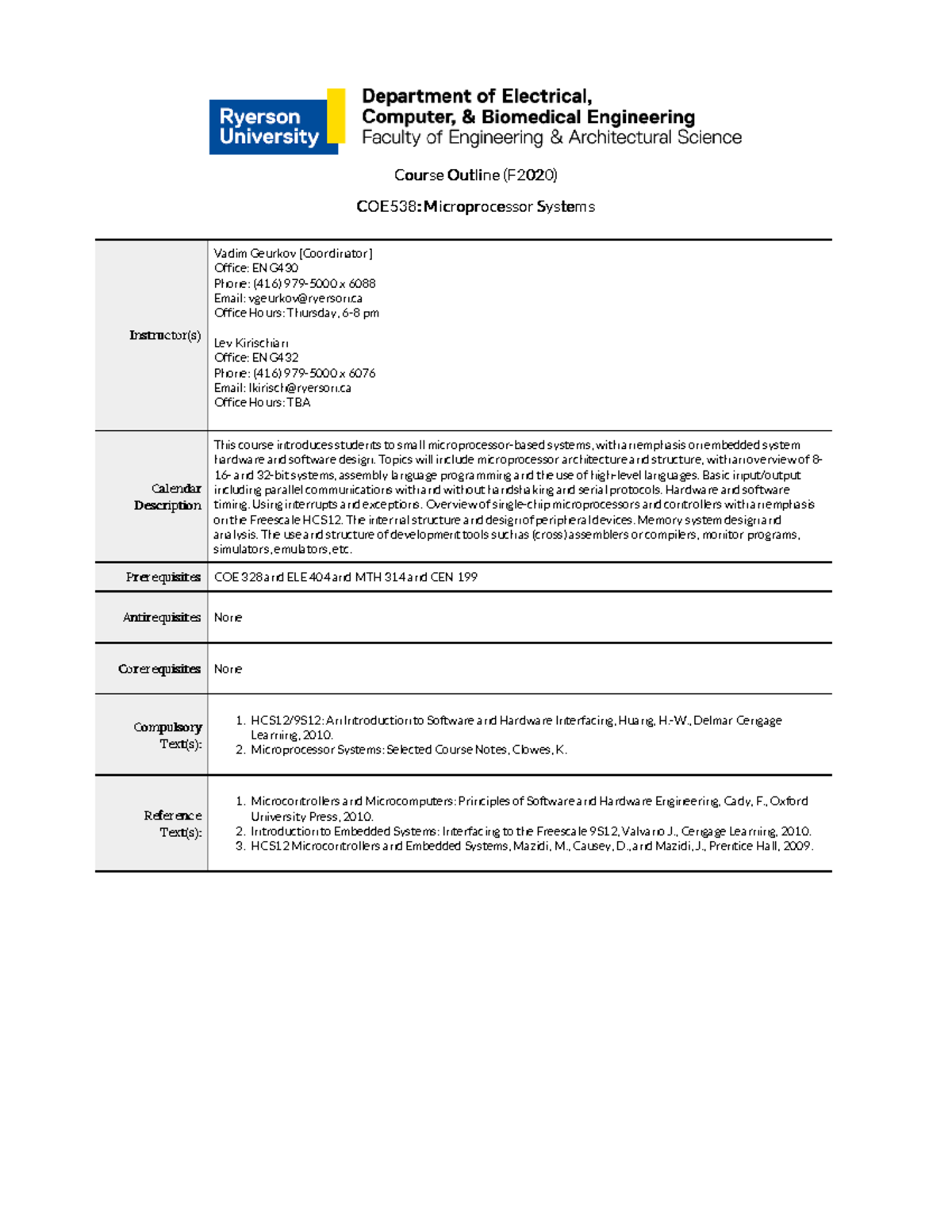 COE538 Course Outline: Microprocessor Systems for F2020 - Studocu
