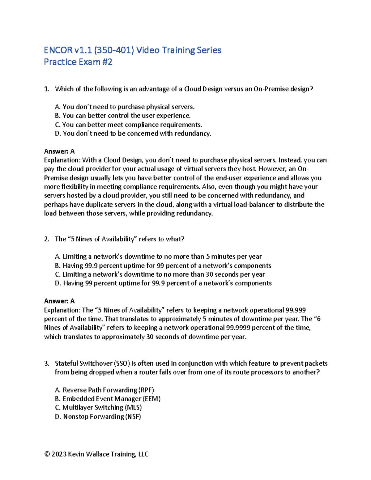 CCNP ENCOR v1.1 Practice Exam 1: Cloud Design & Networking Concepts - Studocu