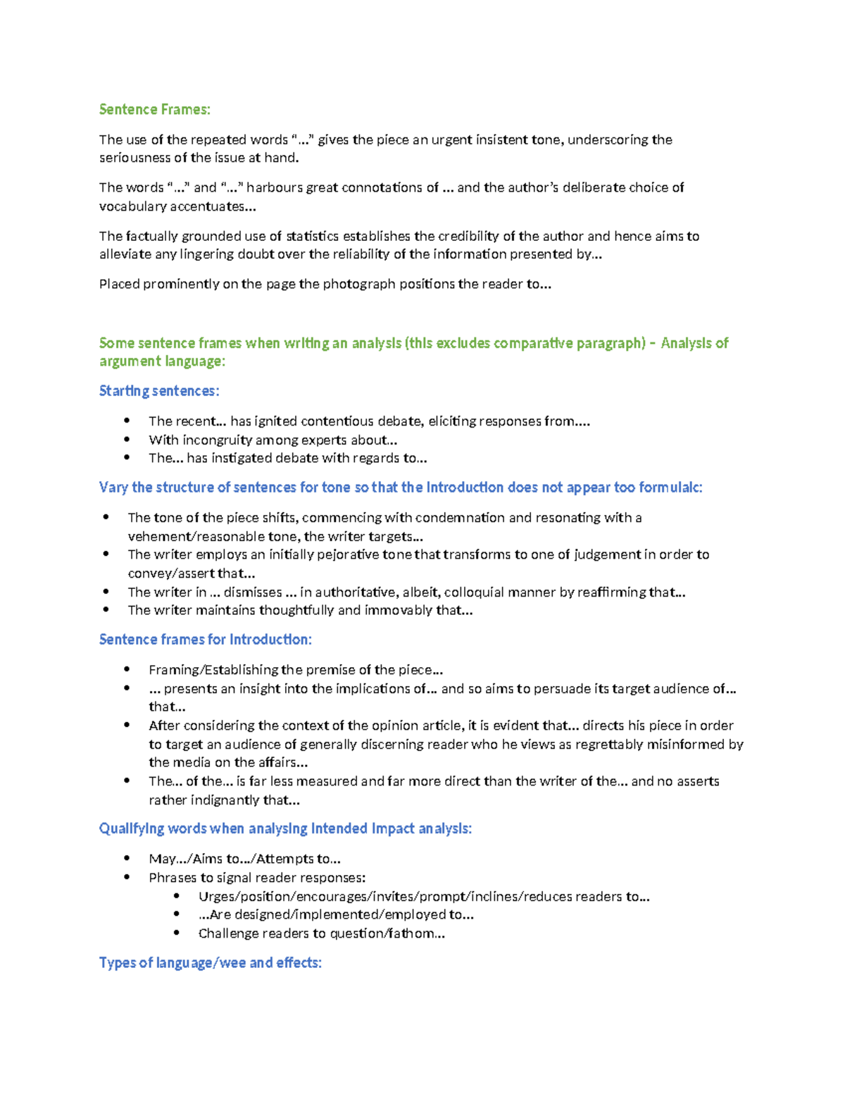 Enhancing Analytical Writing: Effective Sentence Frames for Argument ...