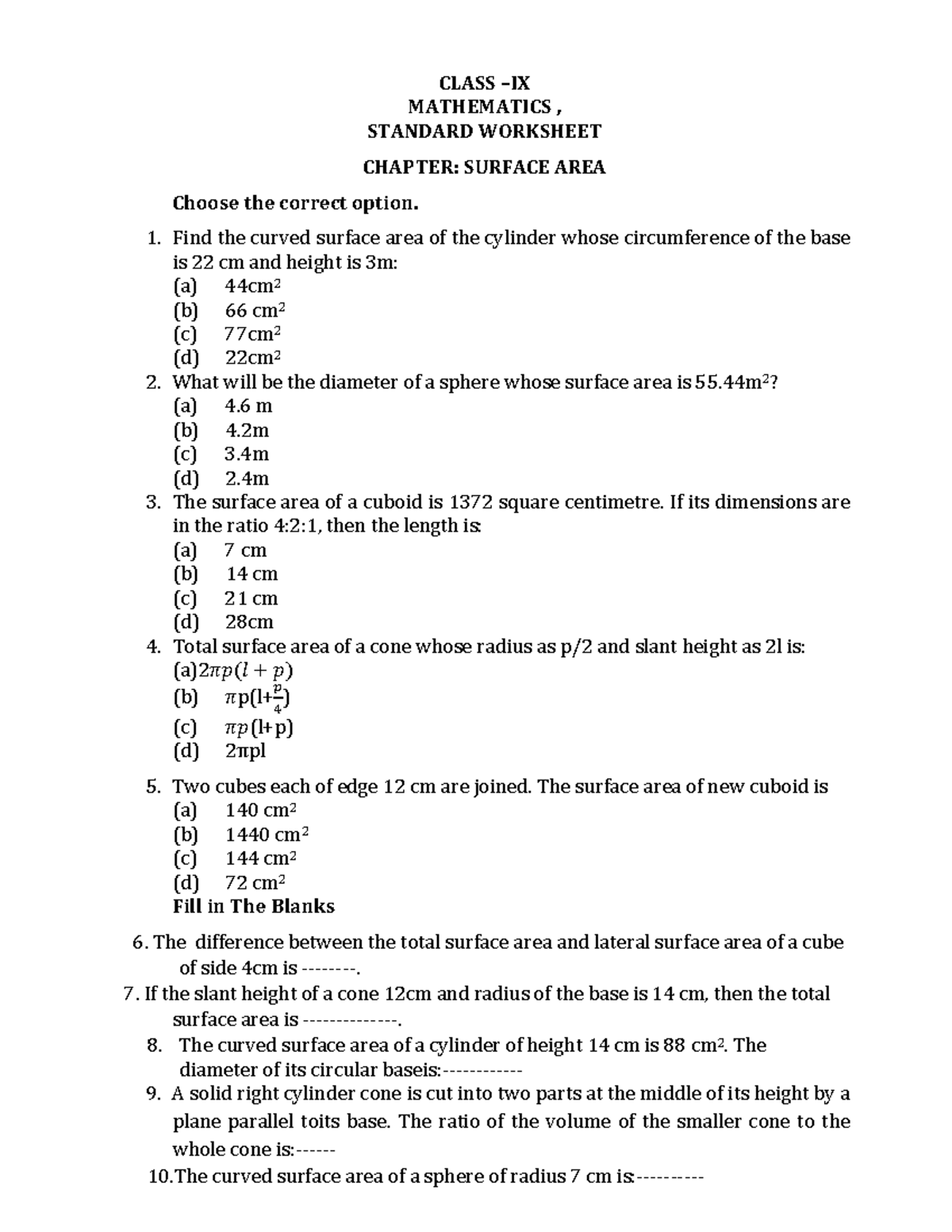 WS-Class IX Mathematics: Surface Area Worksheet - Studocu