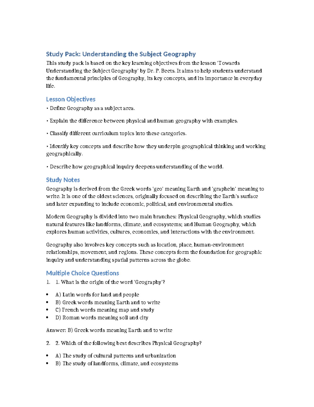 Geography Study Pack: Understanding Key Concepts and Principles - Studocu