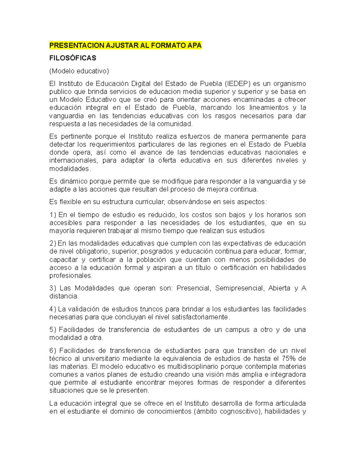 Bases Filosóficas del Modelo Educativo en IEDEP (Formato APA) - Studocu
