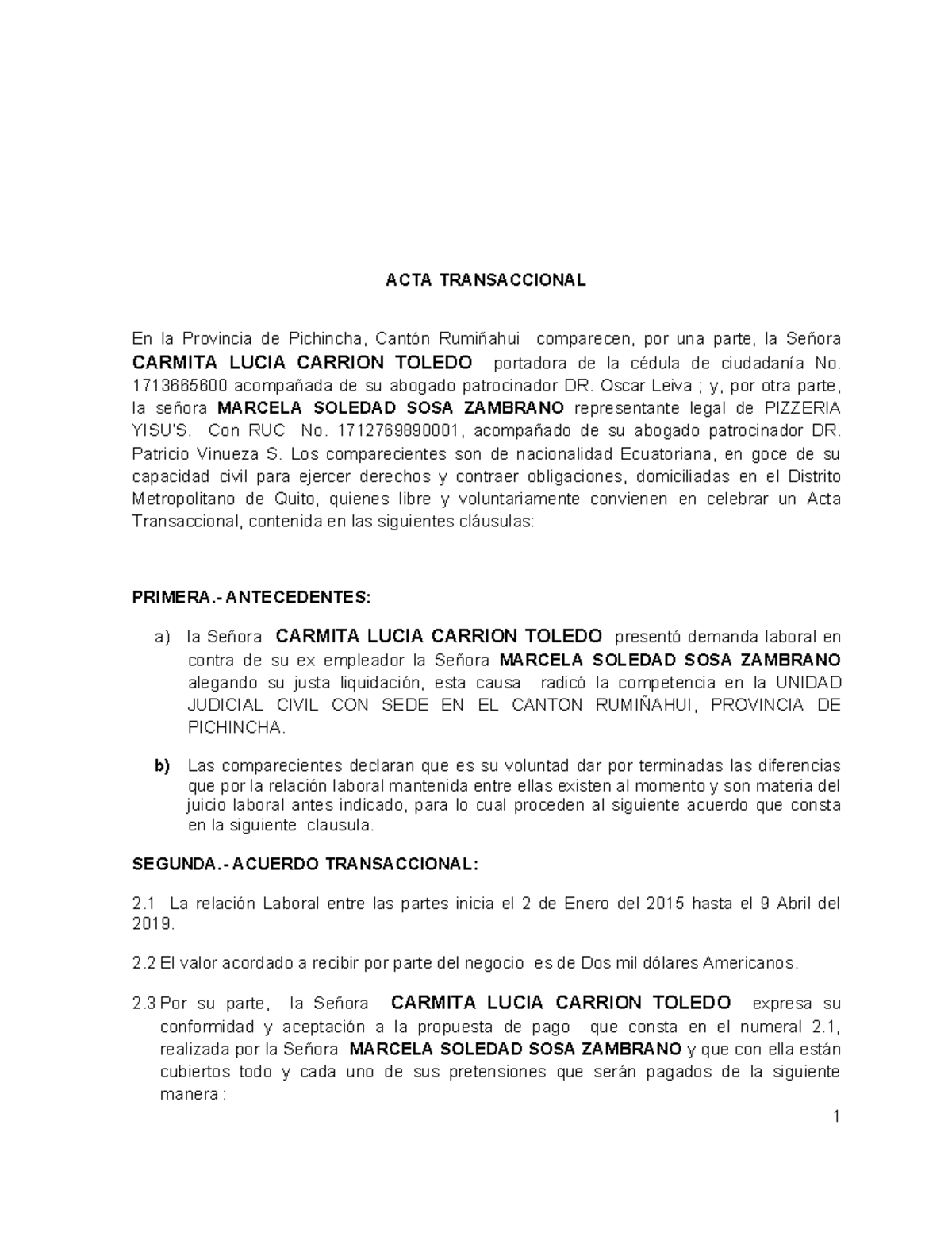 ACTA TRANSACCIONAL en Sangolquí - Juicio Laboral - Studocu