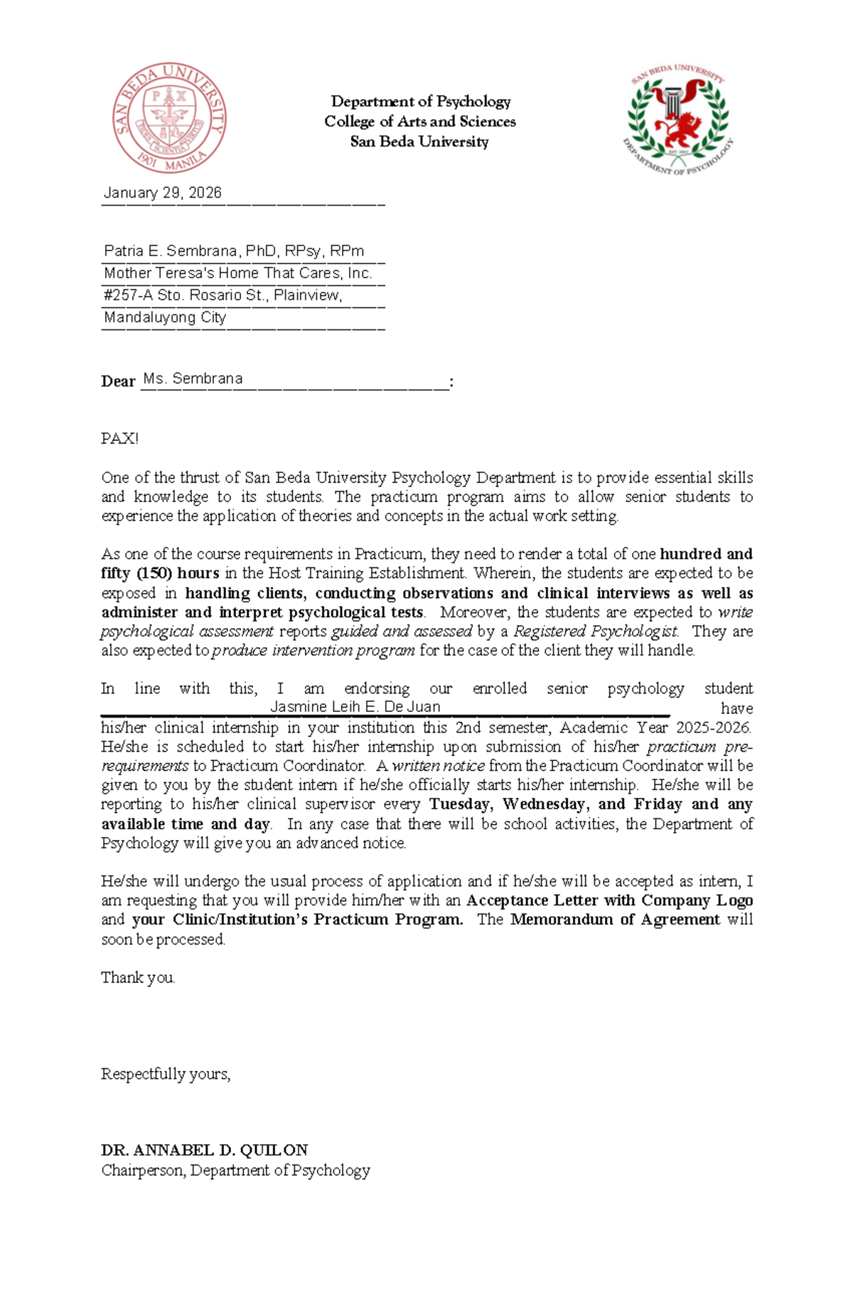 Practicum Endorsement Letter for Clinical Setting - PSY 401 - Studocu