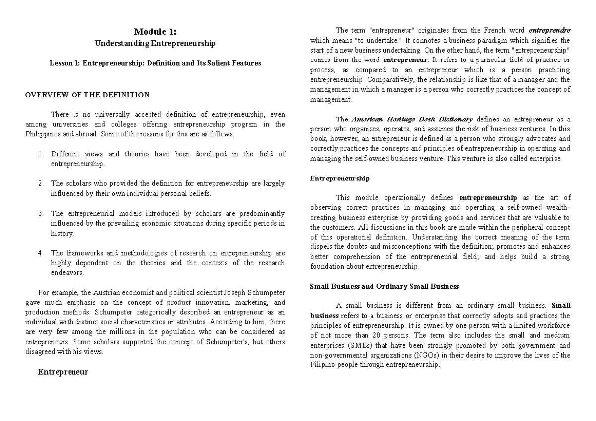 Entrep Reviewer - SHS: Understanding Entrepreneurship Concepts - Studocu