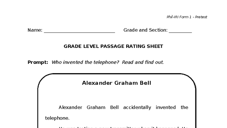 Grade 6 Pretest: The Invention of the Telephone by Alexander Graham ...