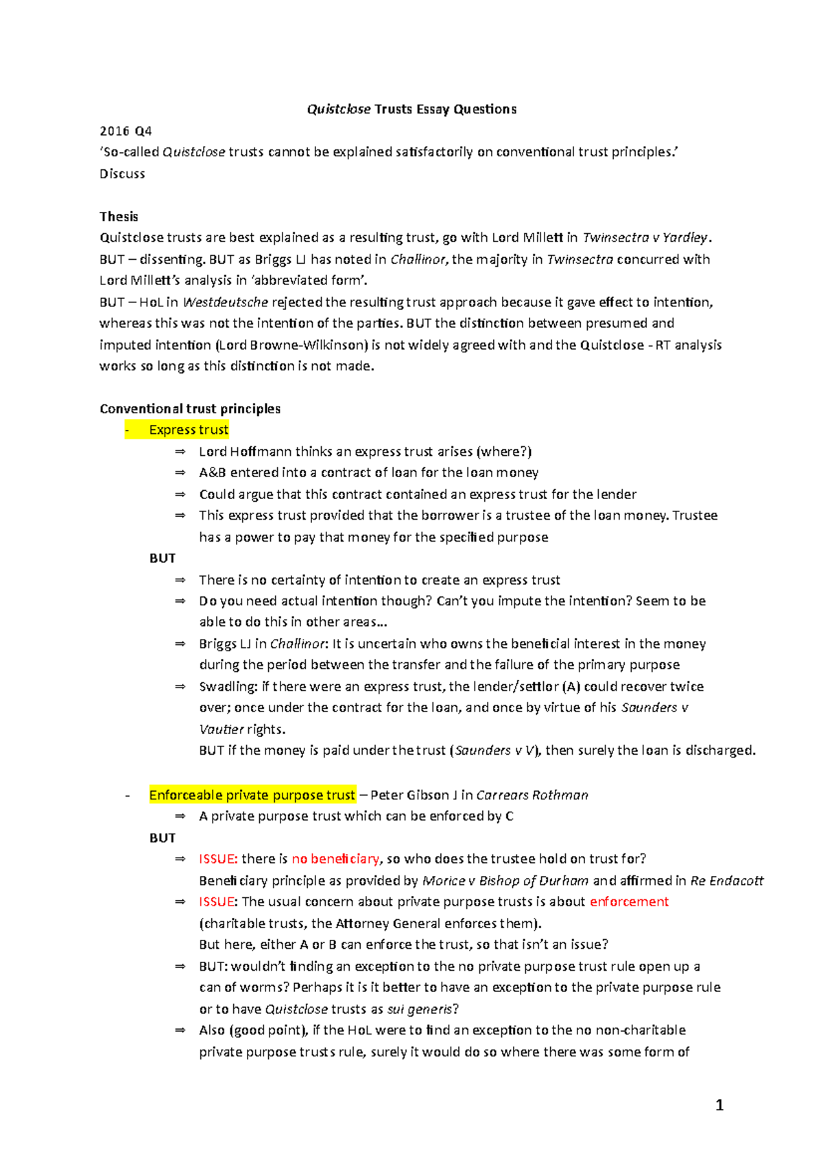 Quistclose Trusts Essay Plan - Analysis and Insights for Law Course ...