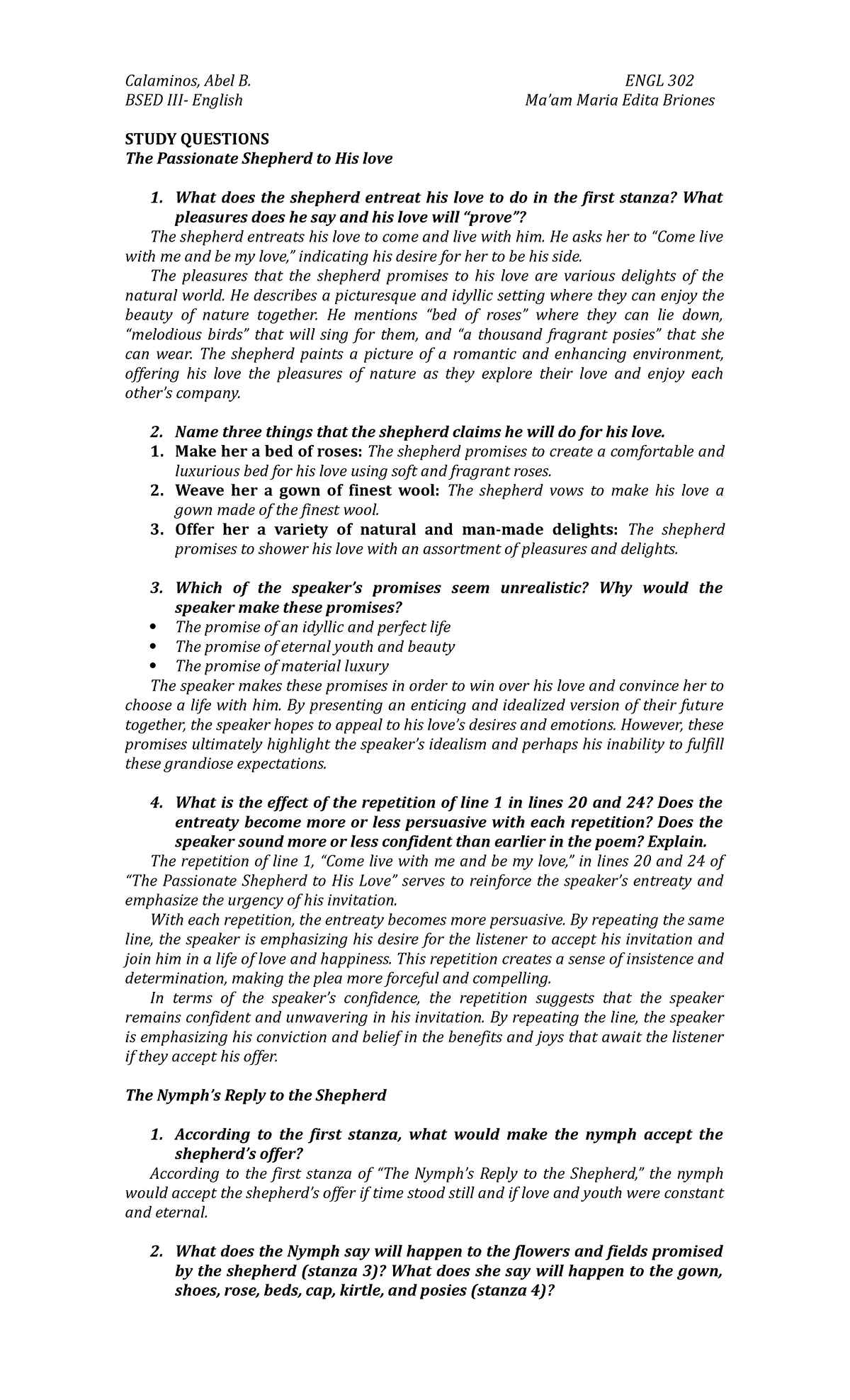 ENGL 302 Study Guide: The Passionate Shepherd to His Love Analysis ...