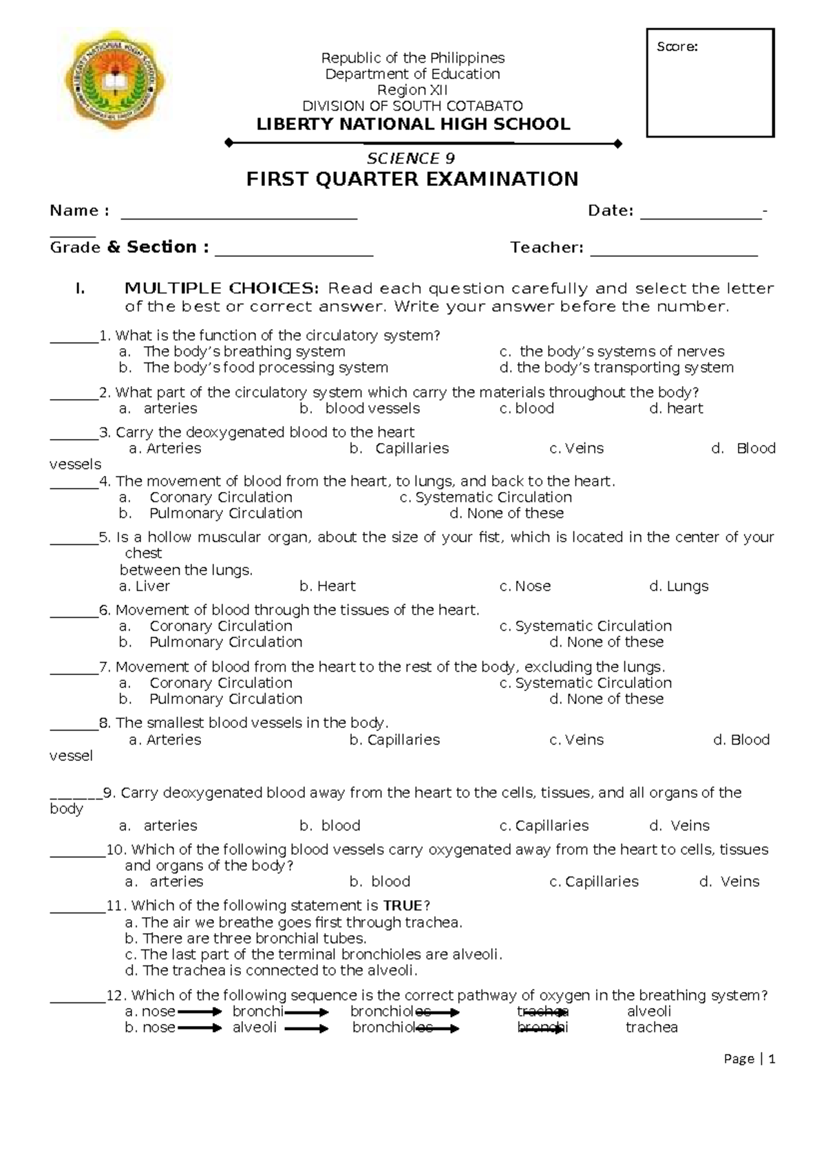 Q1 EXAM: Science 9 - Circulatory & Respiratory Systems - Studocu
