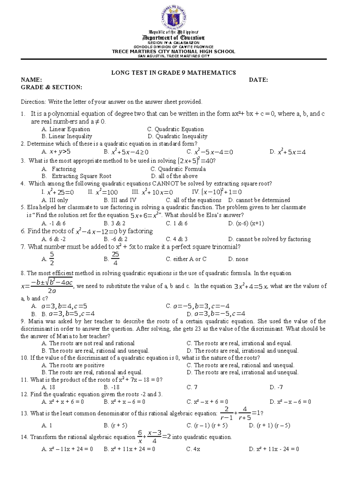 LONG TEST IN GRADE 9 MATHEMATICS (MATH 9) - Studocu